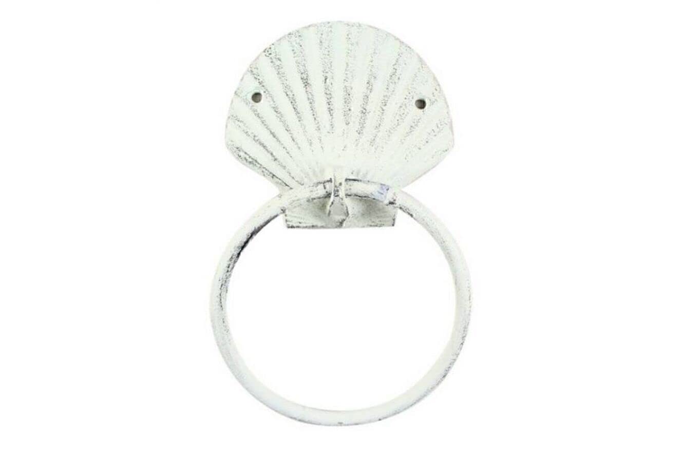 Rustic Whitewashed Cast Iron Seashell Towel Holder 8.5" - Seashell Home Decor -
