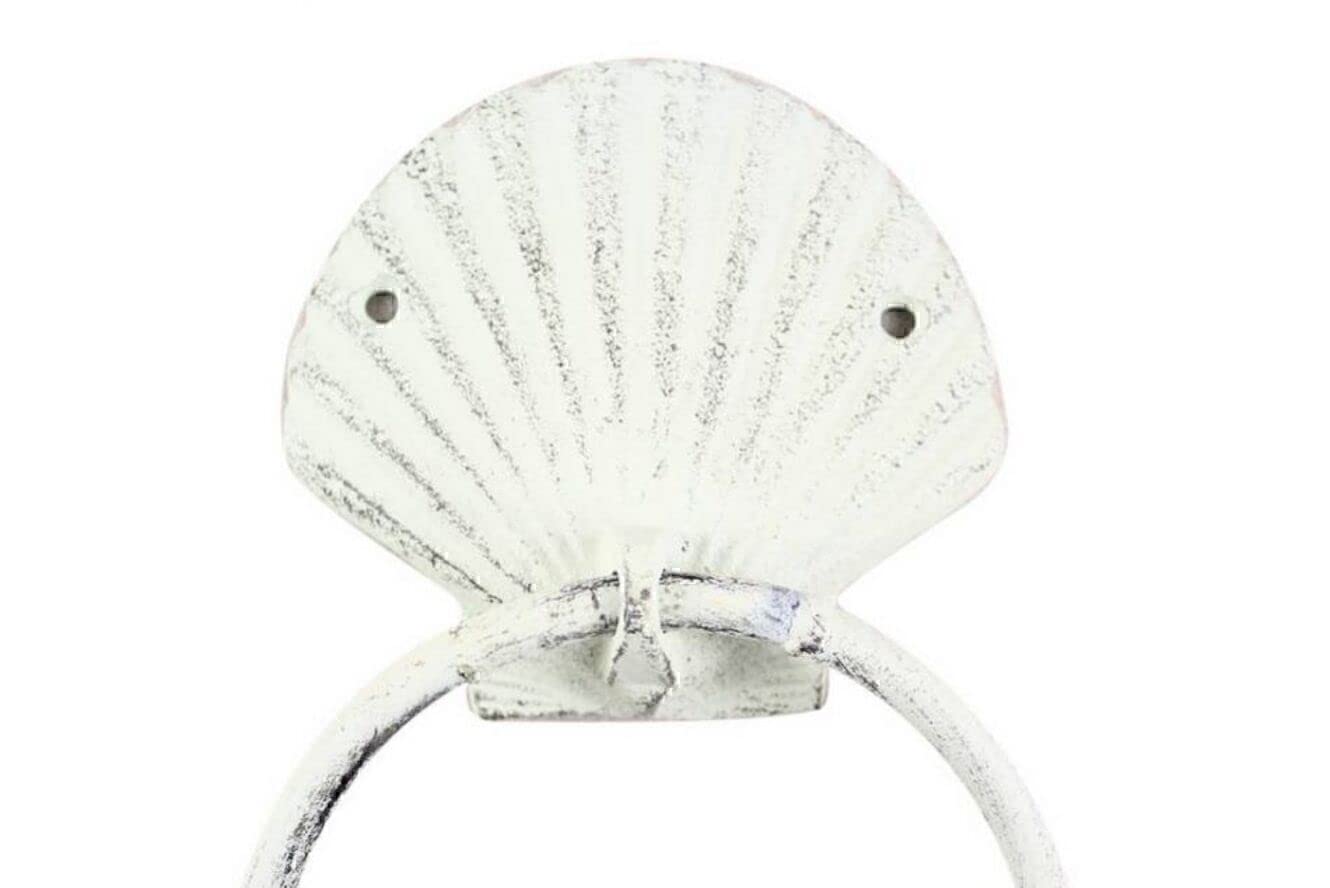Rustic Whitewashed Cast Iron Seashell Towel Holder 8.5" - Seashell Home Decor -