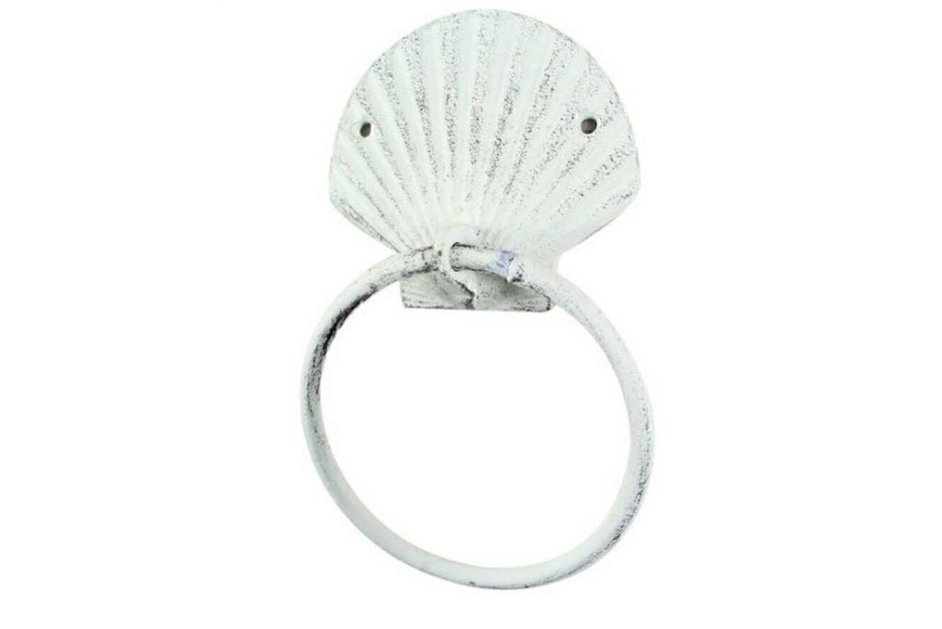 Rustic Whitewashed Cast Iron Seashell Towel Holder 8.5" - Seashell Home Decor -