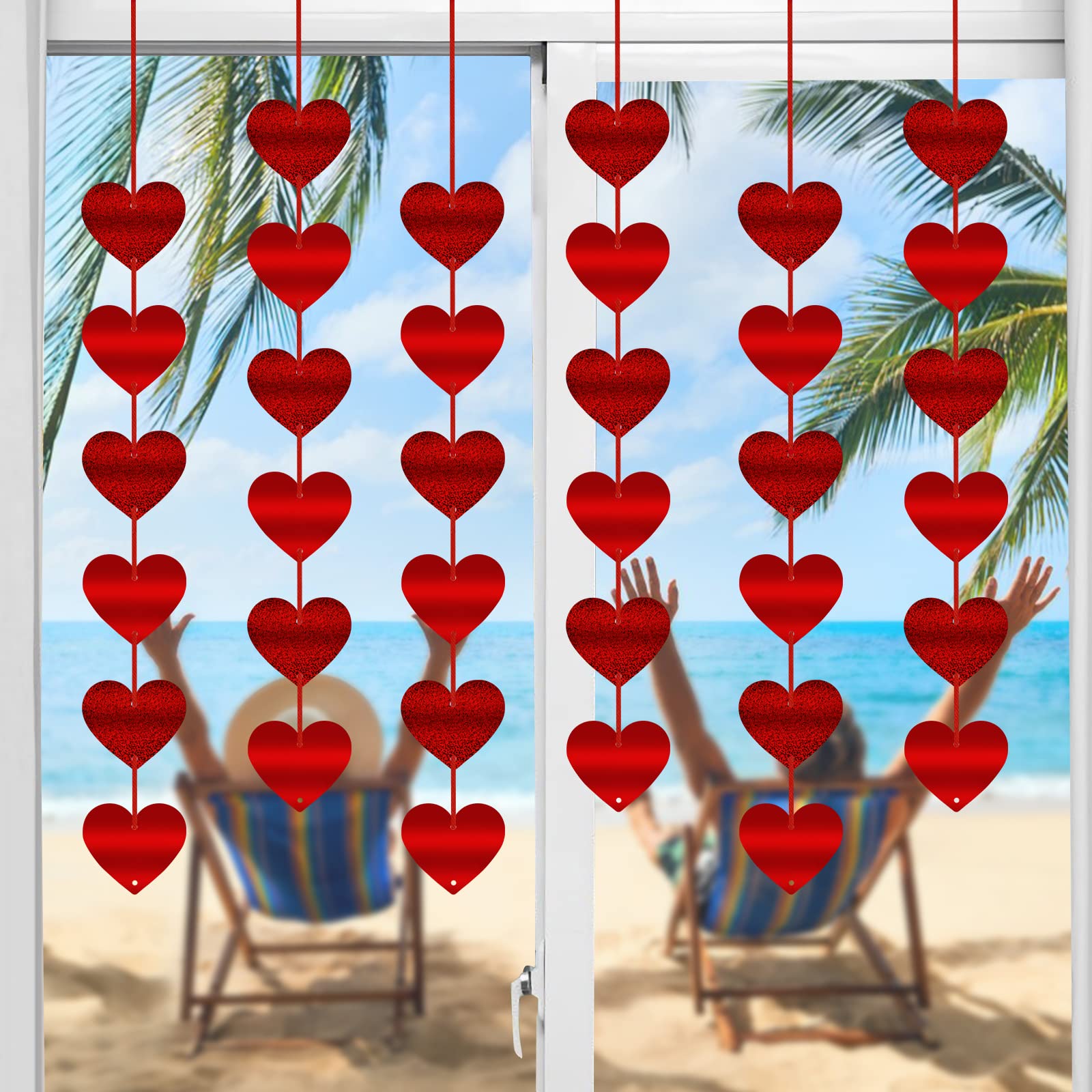 Heart Garland for Valentines Day Decor - 12 Packs Red Glitter Hanging String Hearts - NO DIY - Valentines Day Banner Decorations for Home Mantle Office Wedding Anniversary Birthday Party Supplies