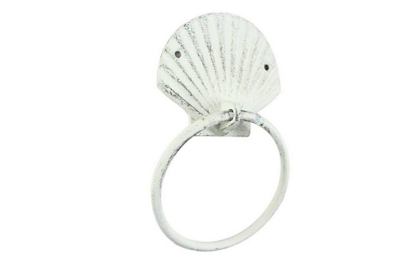 Rustic Whitewashed Cast Iron Seashell Towel Holder 8.5" - Seashell Home Decor -