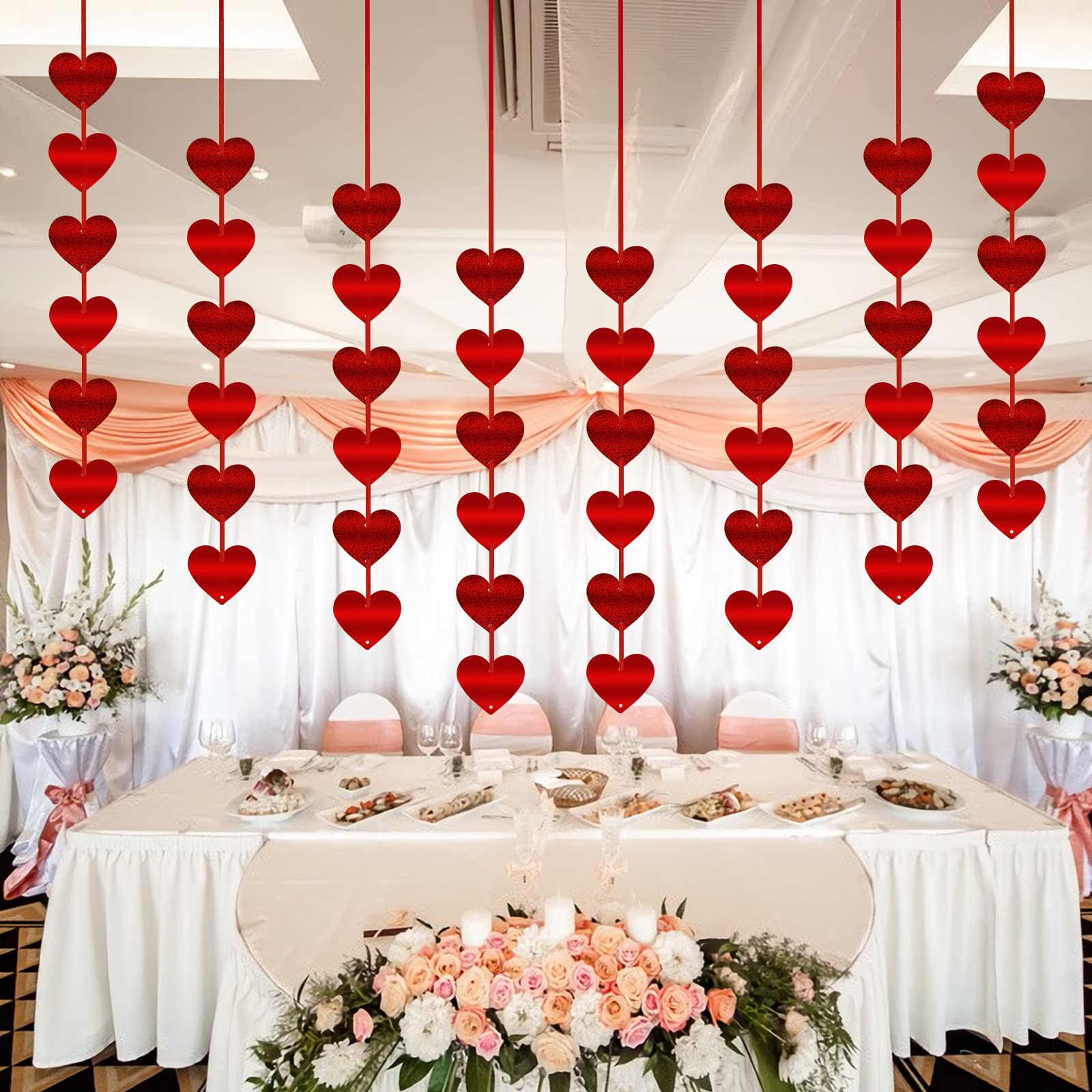 Heart Garland for Valentines Day Decor - 12 Packs Red Glitter Hanging String Hearts - NO DIY - Valentines Day Banner Decorations for Home Mantle Office Wedding Anniversary Birthday Party Supplies