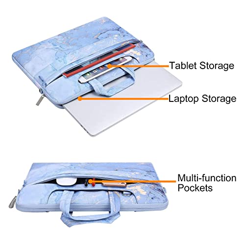 MOSISO Laptop Shoulder Bag Compatible with MacBook Air/Pro,13-13.3 inch Notebook,Compatible with MacBook Pro 14 inch 2023-2021 A2779 M2 A2442 M1, Watercolor Marble Sleeve with Trolley Belt, Blue