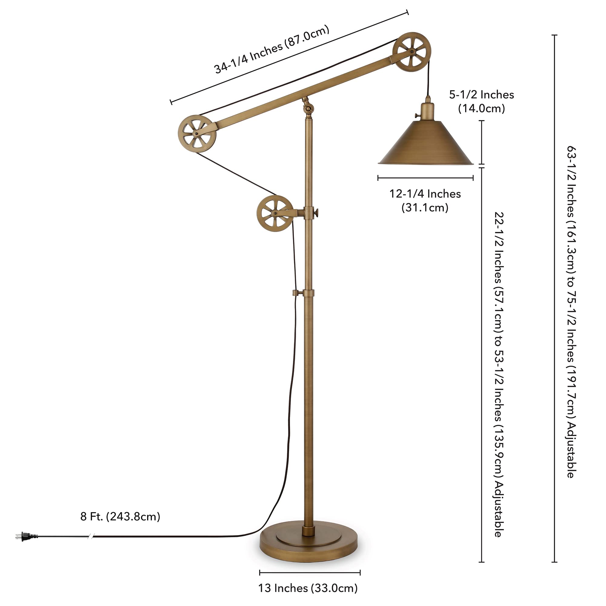 Henn&Hart Pulley System Floor Lamp with Metal Shade in Antique Brass/Antique Brass, Floor Lamp for Home Office, Bedroom, Living Room