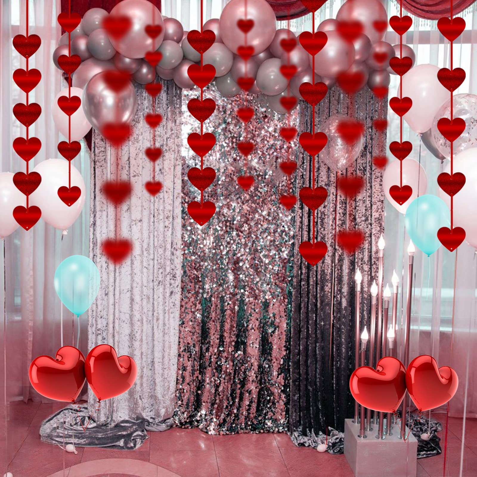 Heart Garland for Valentines Day Decor - 12 Packs Red Glitter Hanging String Hearts - NO DIY - Valentines Day Banner Decorations for Home Mantle Office Wedding Anniversary Birthday Party Supplies