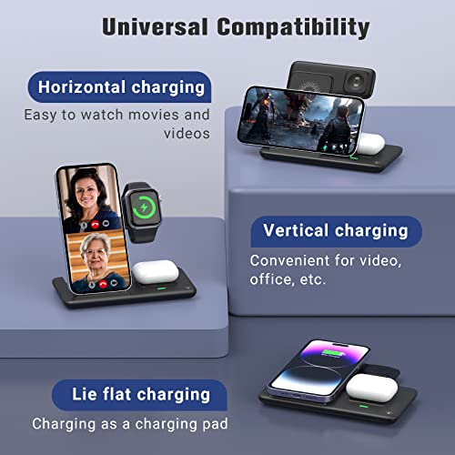 Charging Station for Apple Multiple Devices, 3 in 1 Fast Wireless Charger Foldable for iPhone 14/13/12/11/Pro/XS/Xs Max/XR/X/SE/8/8 Plus Apple Watch 8/7/6/SE/5/4/3/2 AirPods 3/2/Pro with Adapter