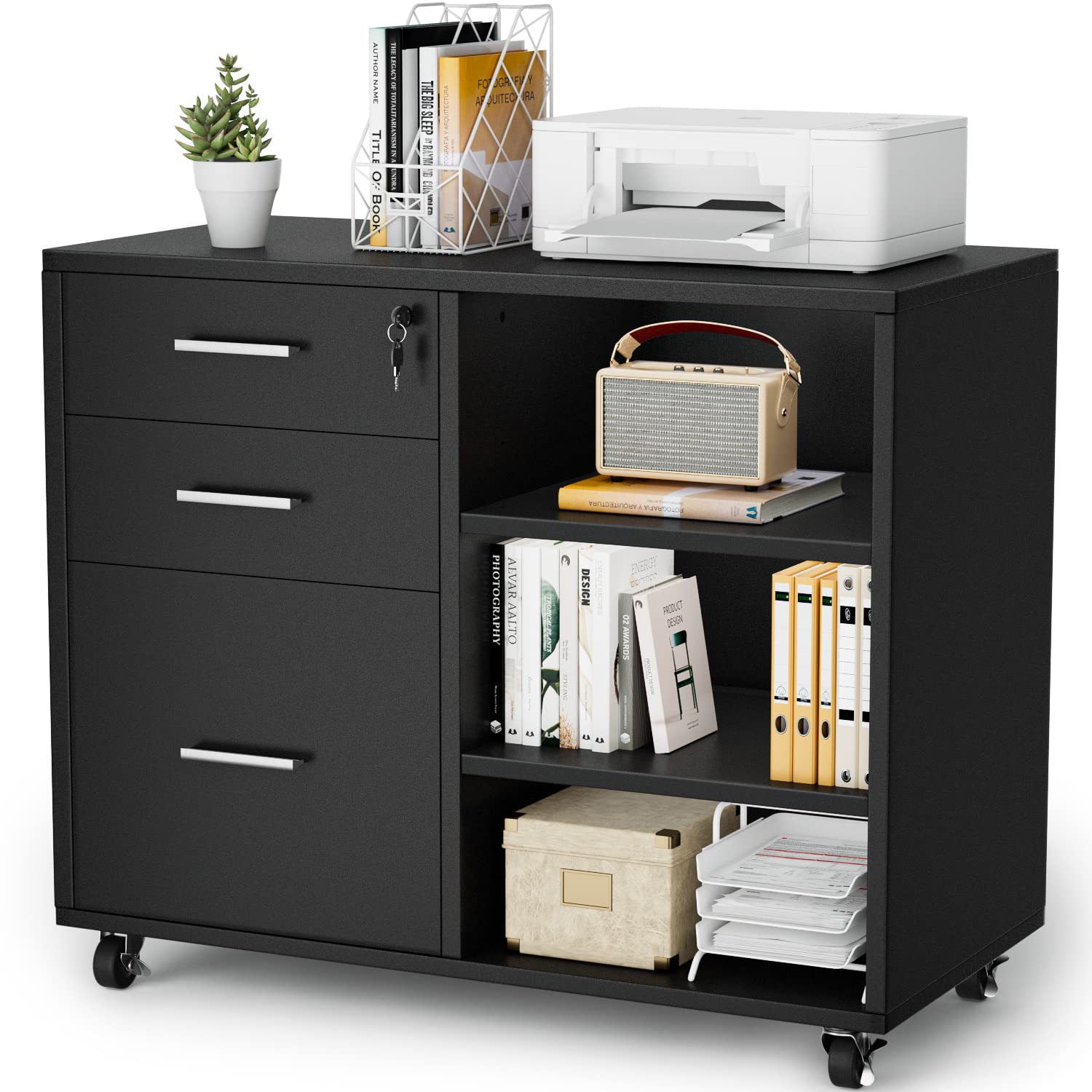 Shahoo 3 Drawer Filing Cabinet, Mobile Lateral Printer Adjustable Open Storage Shelf, Lockable Wheels for Home Office, Dark Black