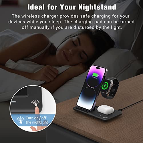 Charging Station for Apple Multiple Devices, 3 in 1 Fast Wireless Charger Foldable for iPhone 14/13/12/11/Pro/XS/Xs Max/XR/X/SE/8/8 Plus Apple Watch 8/7/6/SE/5/4/3/2 AirPods 3/2/Pro with Adapter