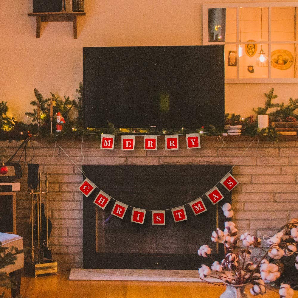 Merry Christmas Banners, Holiday Christmas Decoration Burlap Banner, Christmas Sign Hangings for Windows, Door Entry, Office, Fireplace, Wall
