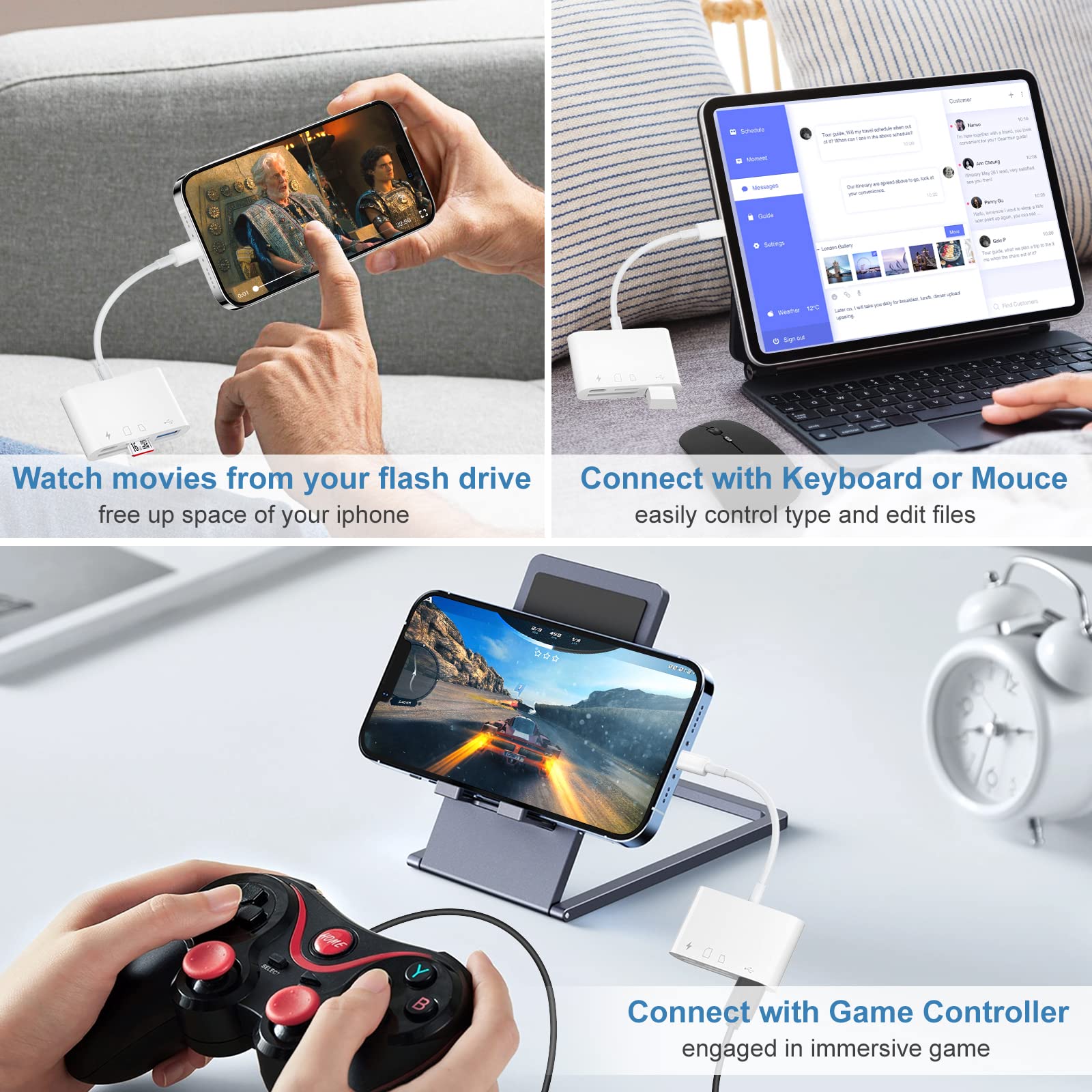 SD Card Reader for iPhone iPad, 4 in 1 Trail Game Camera Memory SD Card Viewer, Portable USB 3.0 OTG Adapter Compatible SD/TF Card for iPhone Adapter with Simultaneous Charging Port, Plug and Play