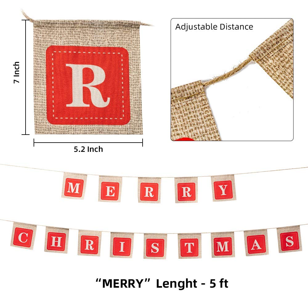 Merry Christmas Banners, Holiday Christmas Decoration Burlap Banner, Christmas Sign Hangings for Windows, Door Entry, Office, Fireplace, Wall