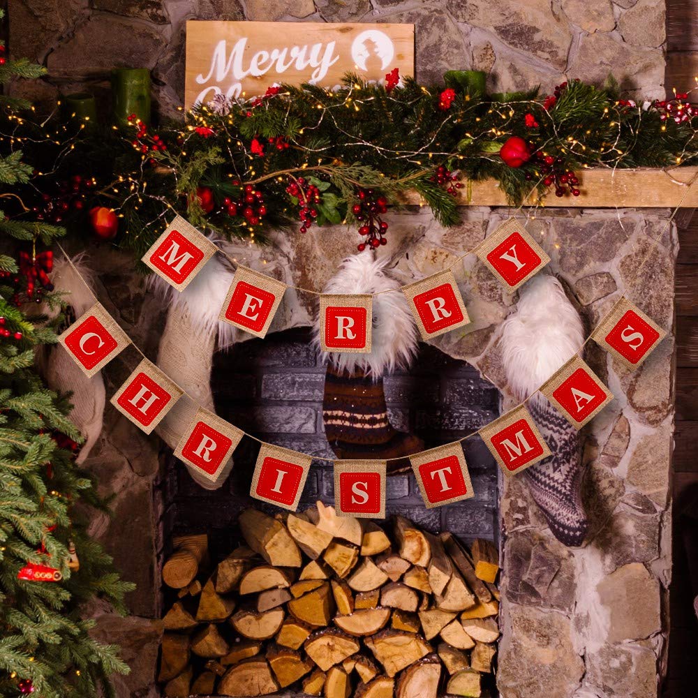 Merry Christmas Banners, Holiday Christmas Decoration Burlap Banner, Christmas Sign Hangings for Windows, Door Entry, Office, Fireplace, Wall