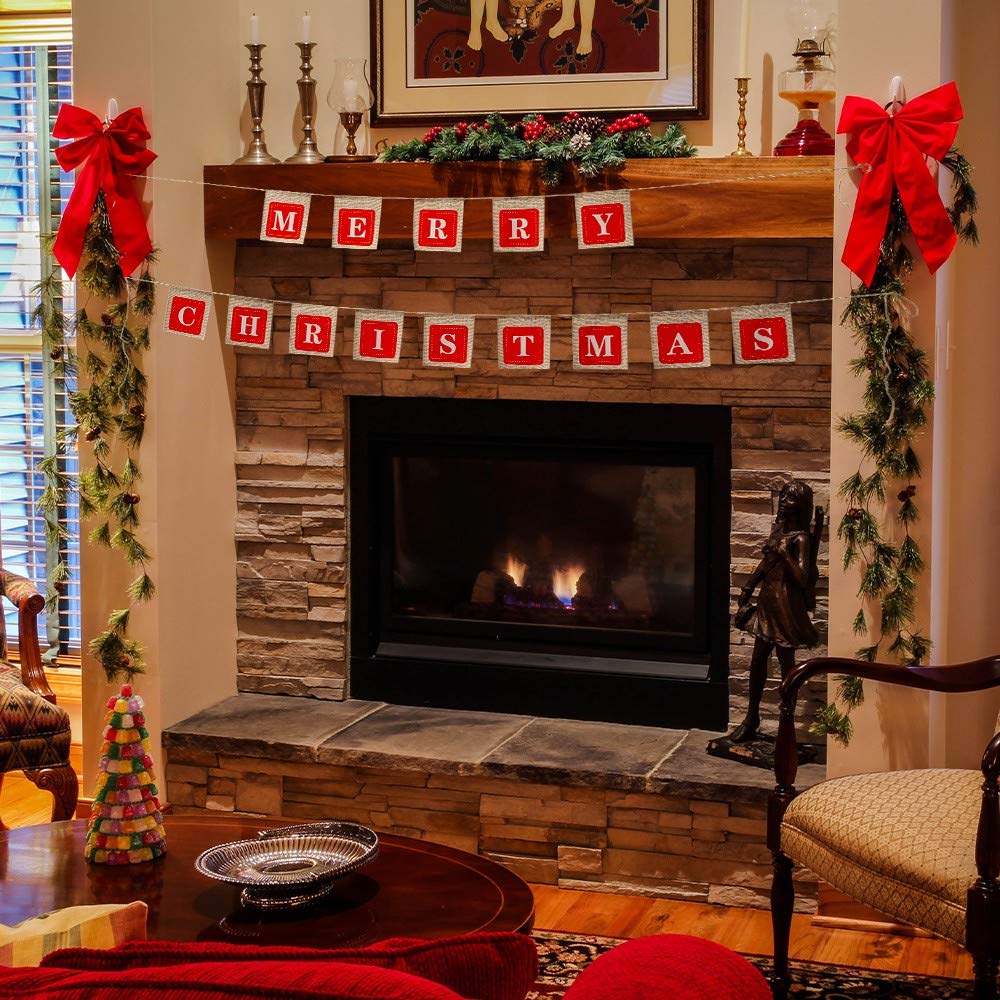 Merry Christmas Banners, Holiday Christmas Decoration Burlap Banner, Christmas Sign Hangings for Windows, Door Entry, Office, Fireplace, Wall