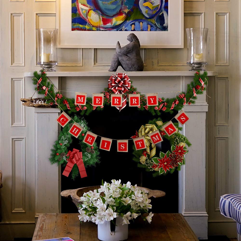 Merry Christmas Banners, Holiday Christmas Decoration Burlap Banner, Christmas Sign Hangings for Windows, Door Entry, Office, Fireplace, Wall