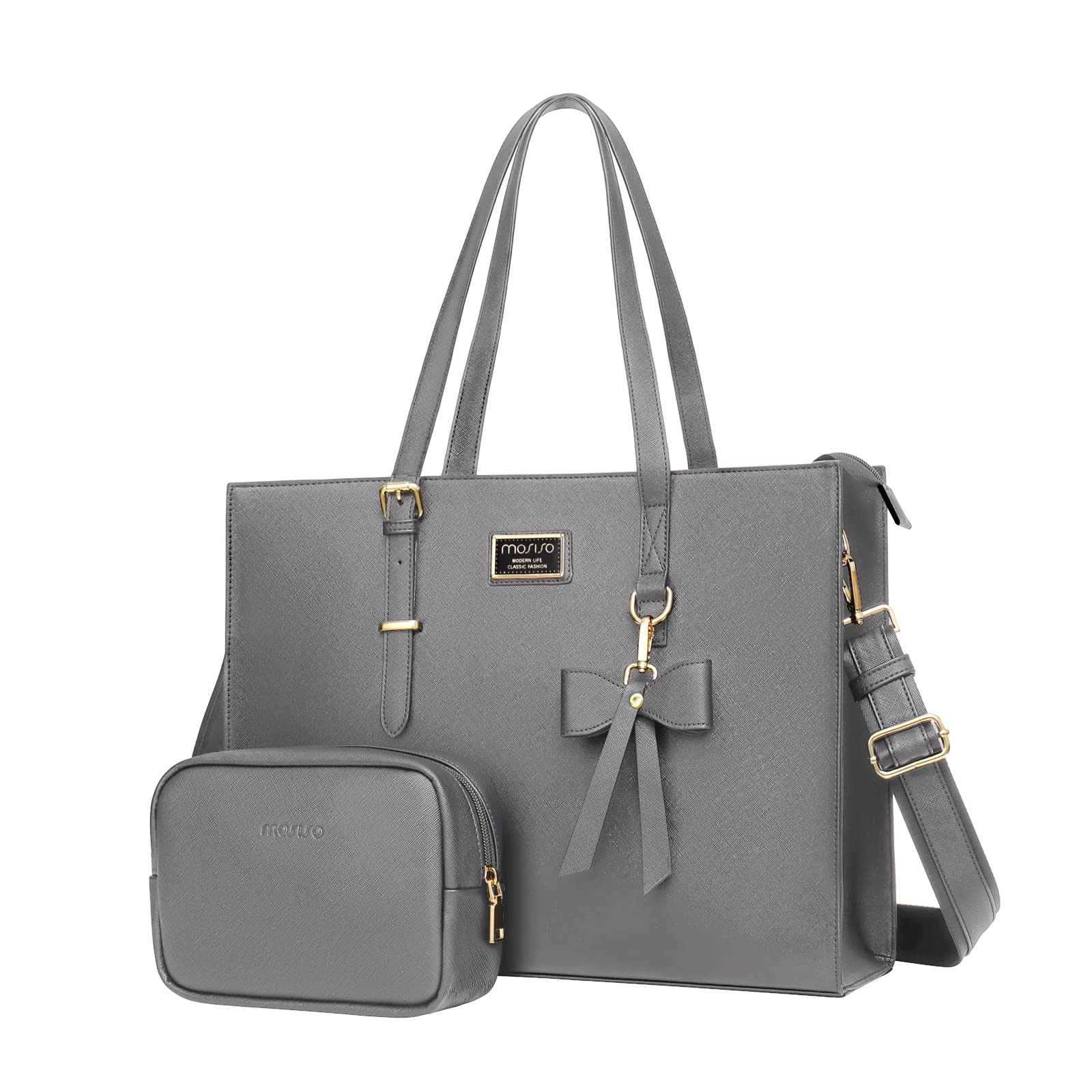 MOSISO Laptop Bag for Women Compatible with MacBook Air 15 inch M2 A2941/Pro 16 inch M3 M2 M1, 15-15.6 inch Notebook, PU Leather Travel Work Tote bag with Detachable Bowknot & Small Purse, Gray