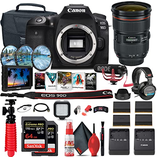 Canon EOS 90D DSLR Camera (Body Only) (3616C002) + 4K Monitor + Canon EF 24-70mm Lens + Pro Mic + Pro Headphones + 2 x 64GB Card + Case + Filter Kit + Corel Photo Software + More (Renewed)
