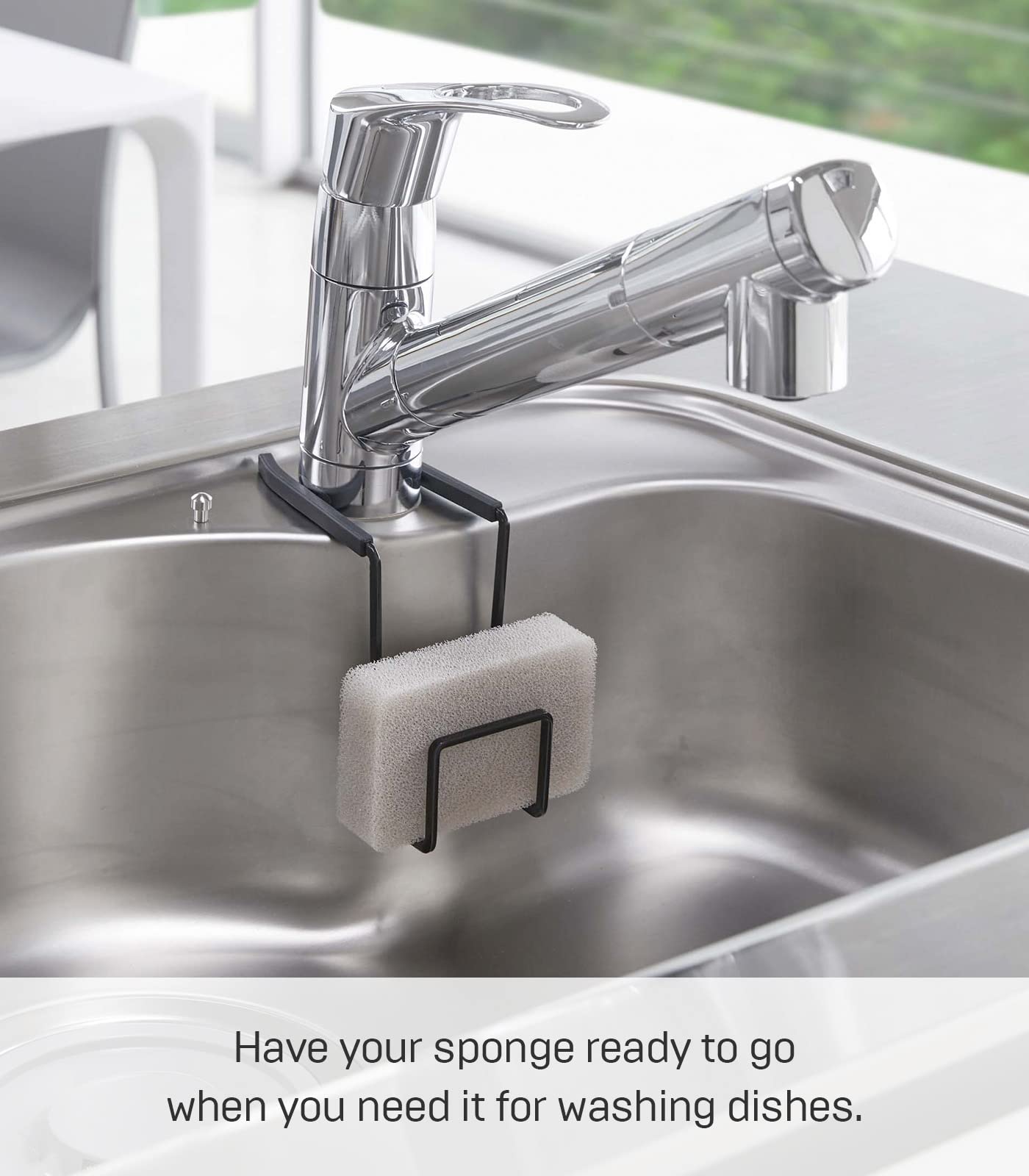 YAMAZAKI home 4389 Faucet-Hanging Sponge Holder-Kitchen Organizer Sink Rack Basket, One Size, Black