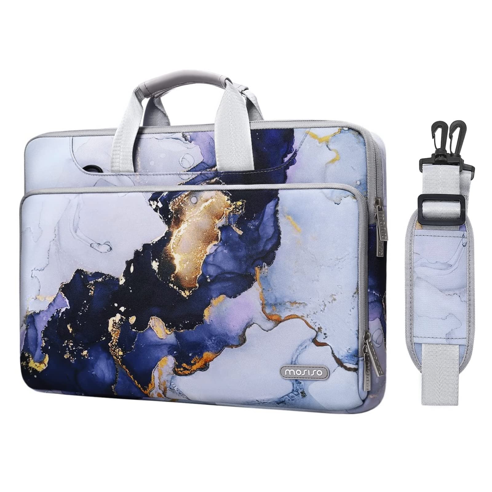 MOSISO 360 Protective Laptop Shoulder Bag Compatible with MacBook Air/Pro,13-13.3 inch Notebook,Compatible with MacBook Pro 14 inch M3 M2 M1 2023-2021, Polyester Sleeve with Belt Marble MO-MBH348