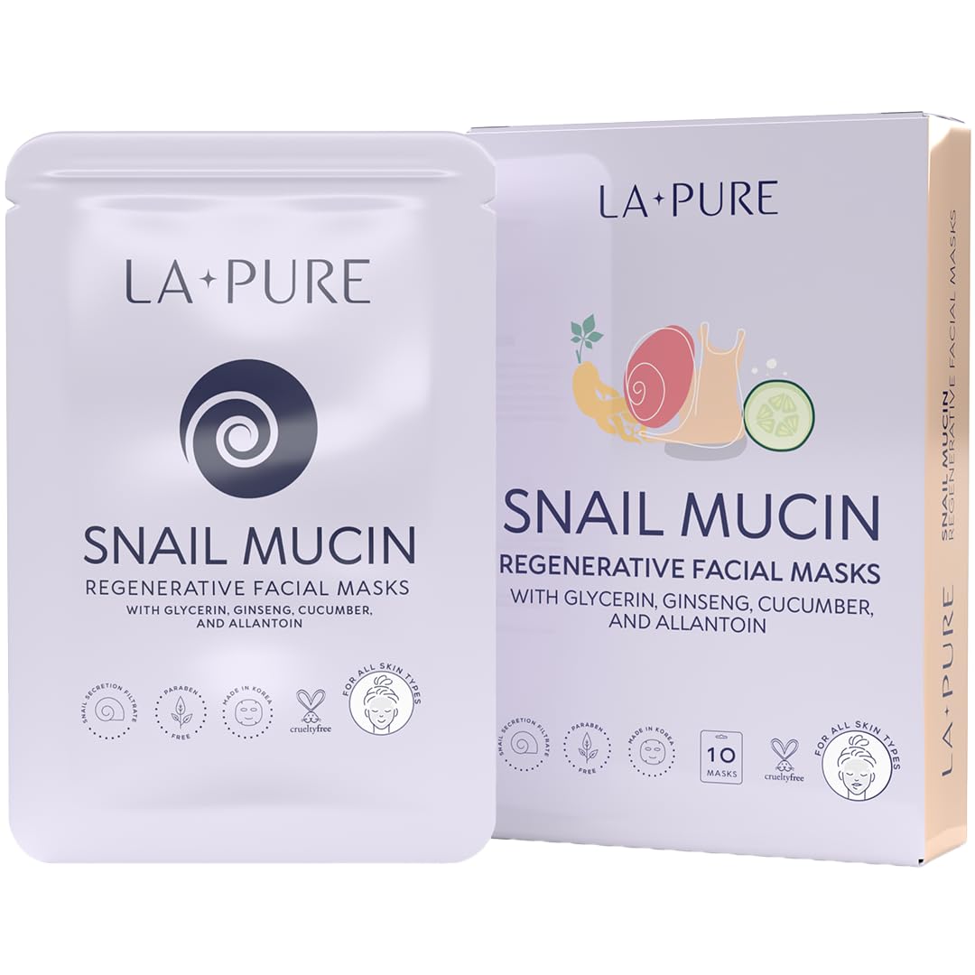 LA PURE Korean Face Mask - Hydrating Sheet Mask, Beauty Snail Mask, Anti-Wrinkle Korean Skin Care, Anti-Aging Sheets Pack, Hydration Mask, Deep Moisturizing Facemask, 10 Facial Masks for Women & Men