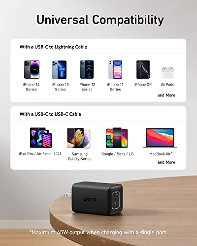 Anker USB C Charger 47W, 523 Charger (Nano 3), 2 Port Compact Foldable GaN Fast Charger for iPhone 14/14 Plus/14 Pro/14 Pro Max/13, Galaxy, Pixel 4/3, iPad/iPad Mini (Cable Not Included)- Black
