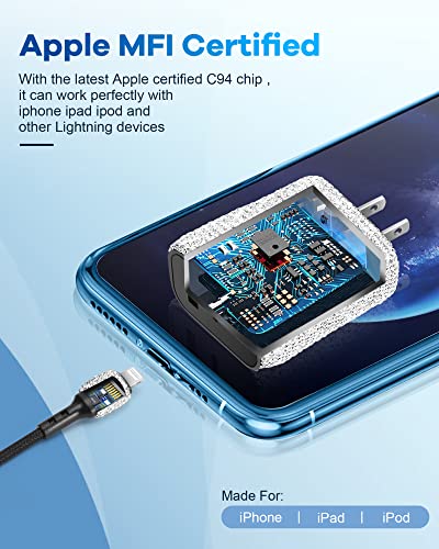 iPhone Fast Charger, [Apple MFi Certified] 20W Bling USB C Wall Charger PD + QC Dual Port Adapter with 3.2FT Type-C to Lightning Cable Compatible with iPad iPhone 14 13 12 Pro Max Mini 11 Xs(White)