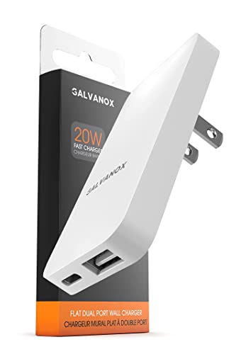Type C Flat Wall Charger, Galvanox Ultra Slim (Multi-Port Power Adapter) for iPhone 11/12/13 iPhone 14 Pro/Max and Samsung Galaxy Models, 20W Fast Charging Outlet Plug (Dual USB-C USB-A)