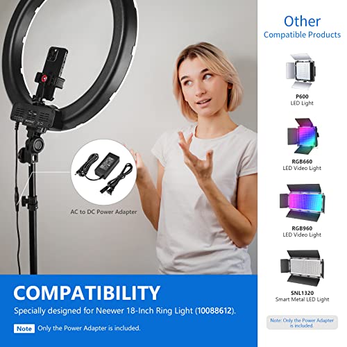 Neewer Photography AC 110V to DC 15V 2.0mm X 5.5mm Power Adapter with Power Cable 4.8A Output Power Supply for Photo Studio Ring Light (Black)