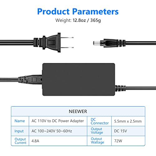 Neewer Photography AC 110V to DC 15V 2.0mm X 5.5mm Power Adapter with Power Cable 4.8A Output Power Supply for Photo Studio Ring Light (Black)