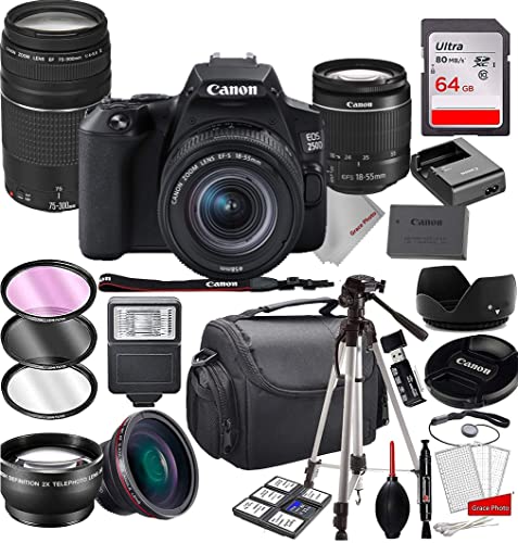 Canon EOS 250D (Rebel SL3) DSLR Camera with 18-55mm f/3.5-5.6 III Zoom Lens & 75-300mm III Lens Bundle + 64GB Memory, Case, Tripod, Filters and More