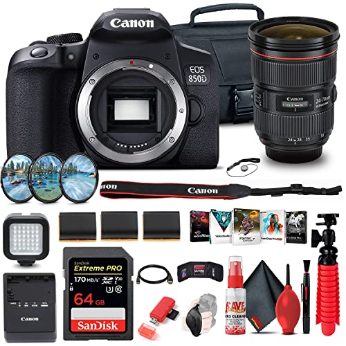 Canon EOS Rebel 850D / T8i DSLR Camera (Body Only) + Canon EF 24-70mm Lens + 64GB Card + Case + Filter Kit + Corel Photo Software + 2 x LPE17 Battery + External Charger + More (Renewed)