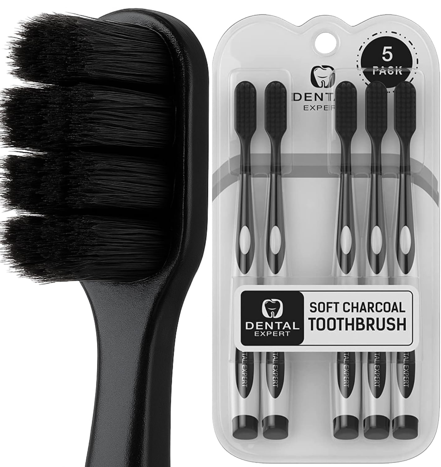 Dental Expert Charcoal Toothbrush [Gentle Soft] Slim Teeth Head Whitening Brush for Adults & Children [Family Pack] - Ultra Soft Medium Tip Bristles (Black)