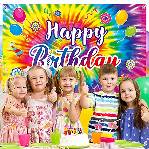Tie Dye Birthday Backdrop, Tie Dye Party Supplies Birthday Decorations, Rainbow Birthday Banner Background, 60's 70's Hippie Theme Groovy Birthday Party Decorations, 71 x 43 Inches