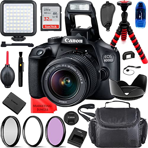 4000D DSLR Camera with 18-55mm f/3.5-5.6 Zoom Lens Bundle + Accessories (LED Video Light Kit, 32Gb High Speed Memory Card, UV CPL FLD Filter, Spider Tripod, Gadget Bag and More)