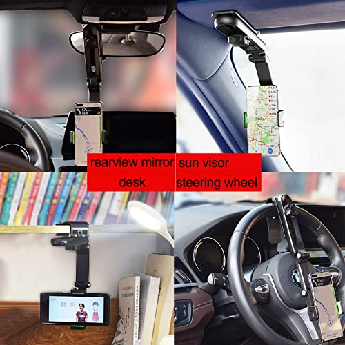 Sun Visor Car Phone Holder Mount,Multifunctional Cell Phone Stand Universal Adjustable Arm Cradles 360°Rotatable Car Clip Mount for Sun Visor Rearview Mirror Steering Wheel (Gray)