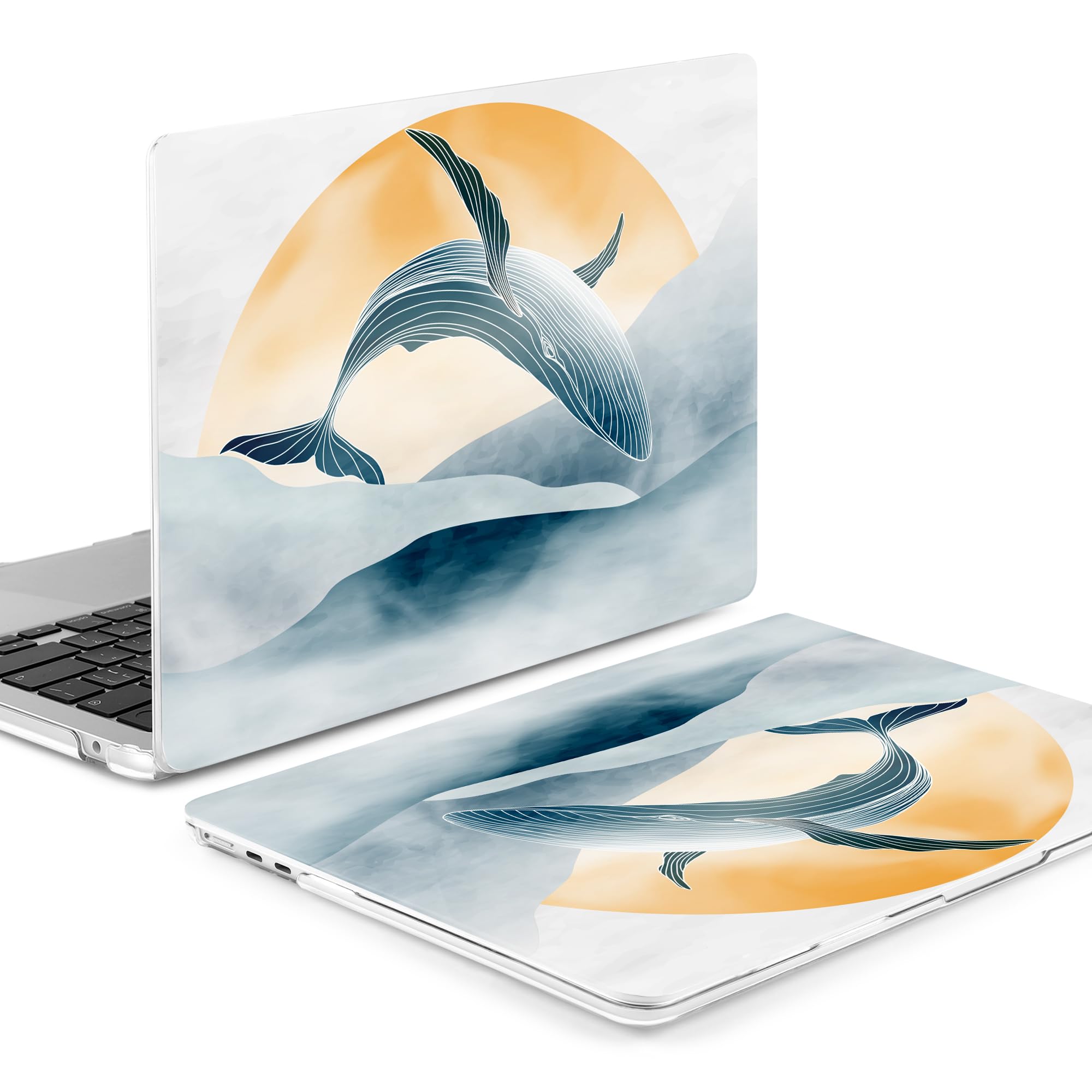Yebiseven Case for MacBook Air 15 inch M3/M2 2024 2023 Released Model A3114/A2941, Plastic Hard Shell Laptop Case with Keyboard Cover & Trackpad Film & 2 OTG Adapters, Art Whale