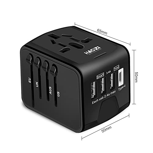 Travel Adapter, HAOZI Universal Travel Adapter - 3 USB + 1 Type C in One Travel Charger with UK/US/AUS/EU Plugs and Socket, International Power Adapter Wall Charger (Black)