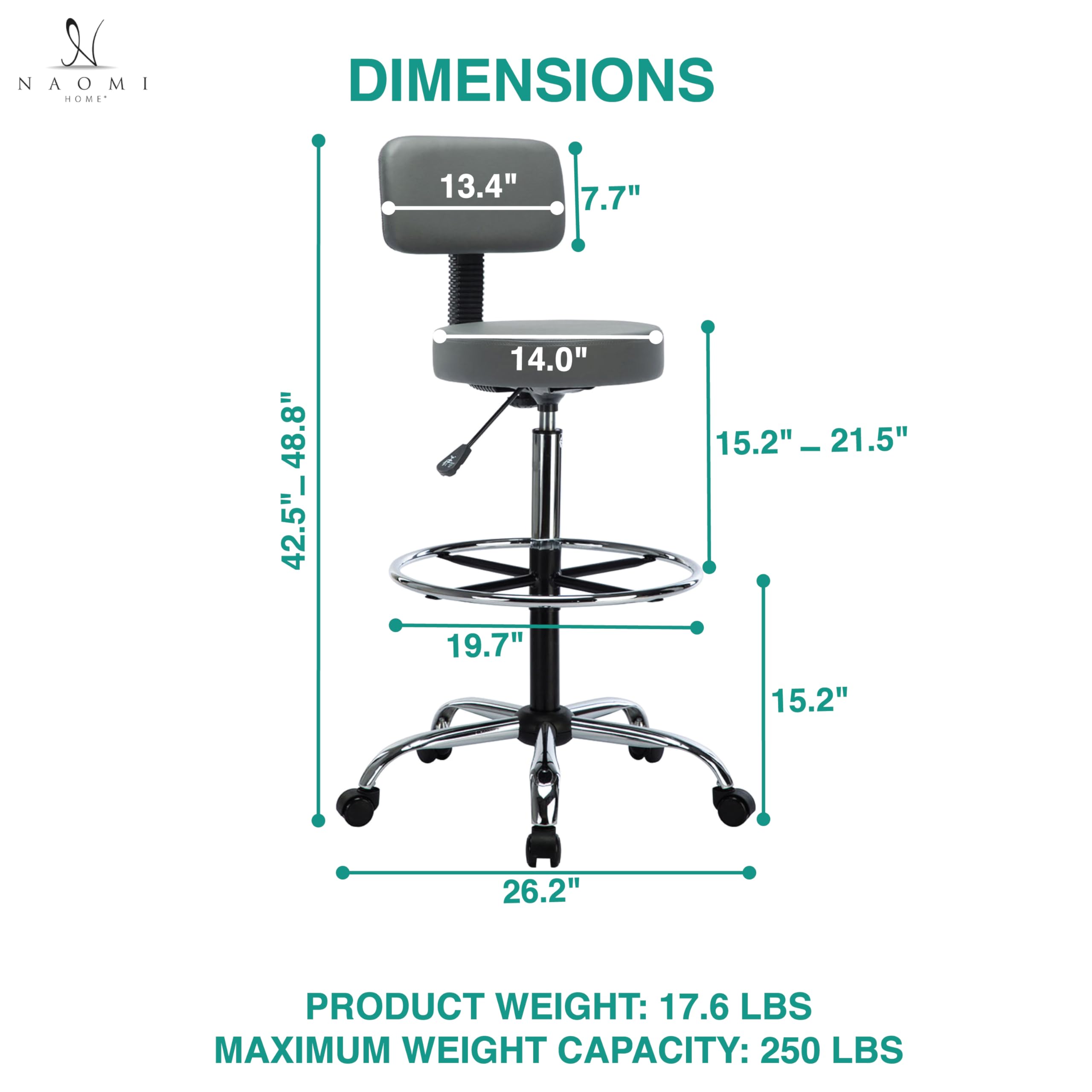Venus Drafting Stool Chair, Rolling Stools with Wheels, Stools with Backs, Tall Adjustable Office Chair Workbench Stool with Back Support Adjustable Chair Work Stool with Chrome Footrest - Gray