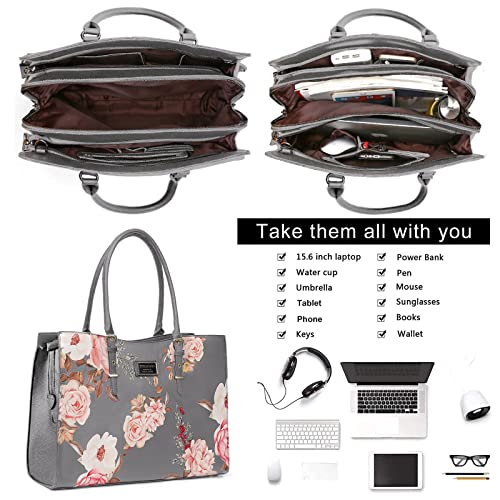 MOSISO Laptop Tote Bag Compatible with MacBook Air 15 inch M3 M2/Pro 16 M4 M3 M2 M1 & 15-15.6 inch Notebook, Peony Waterproof PU Leather Travel Work Briefcase with Adjustable PU Handle, Grey