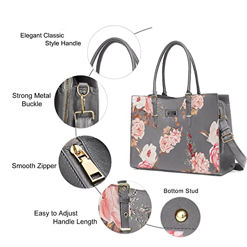 MOSISO Laptop Tote Bag Compatible with MacBook Air 15 inch M3 M2/Pro 16 M4 M3 M2 M1 & 15-15.6 inch Notebook, Peony Waterproof PU Leather Travel Work Briefcase with Adjustable PU Handle, Grey