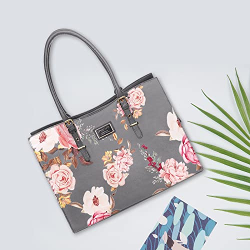 MOSISO Laptop Tote Bag Compatible with MacBook Air 15 inch M3 M2/Pro 16 M4 M3 M2 M1 & 15-15.6 inch Notebook, Peony Waterproof PU Leather Travel Work Briefcase with Adjustable PU Handle, Grey
