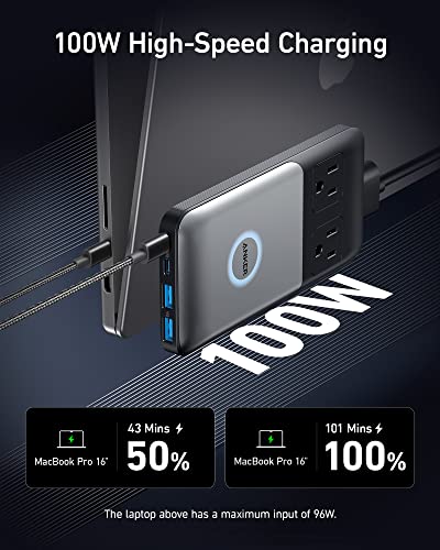 Anker 727 Charging Station (GaNPrime 100W), Compact Power Strip for Travel,Work, 5ft Detachable Extension Cord with 2 Outlets & 4 USB Ports, for iPhone14, Samsung, iPad, MacBook, More(not a Battery)