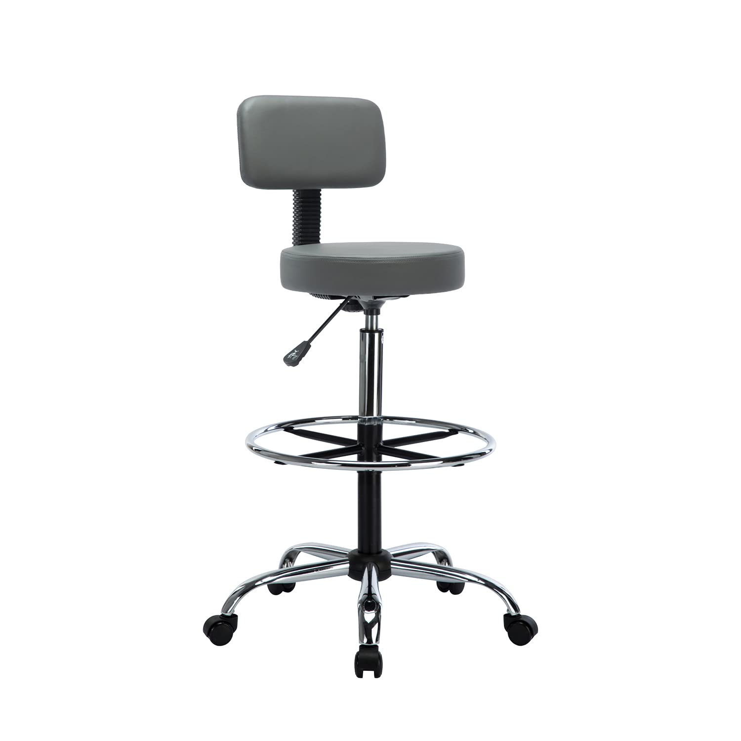 Venus Drafting Stool Chair, Rolling Stools with Wheels, Stools with Backs, Tall Adjustable Office Chair Workbench Stool with Back Support Adjustable Chair Work Stool with Chrome Footrest - Gray