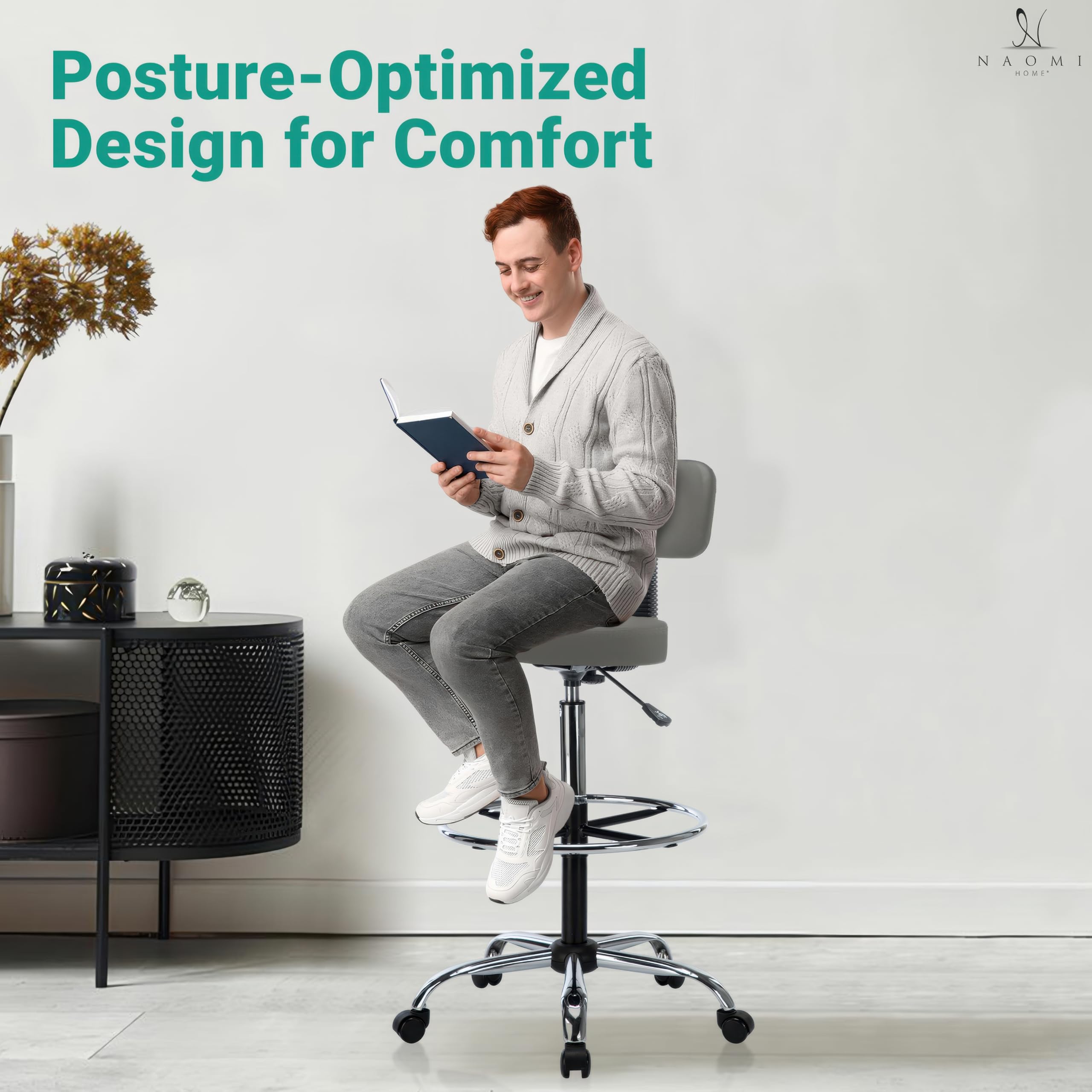 Venus Drafting Stool Chair, Rolling Stools with Wheels, Stools with Backs, Tall Adjustable Office Chair Workbench Stool with Back Support Adjustable Chair Work Stool with Chrome Footrest - Gray