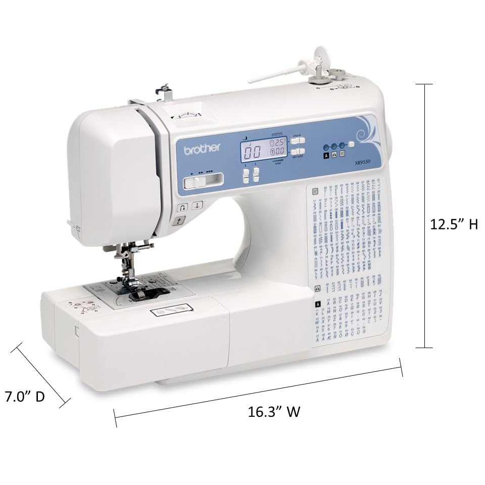 Brother XR9550 Sewing and Quilting Machine, Computerized, 165 Built-in Stitches, LCD Display, Wide Table, 8 Included Presser Feet, 20x12x17, White