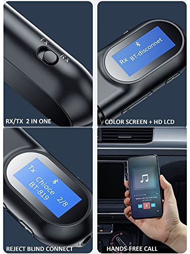Bluetooth 5.0 Transmitter Receiver,Bluetooth Transmitter for TV,TWIEVO Bluetooth Adapter LCD Display 3-in-1 3.5MM AUX Jack Stereo USB Adapter Wireless Dongle for PC TV Car,Bluetooth tv Transmitter
