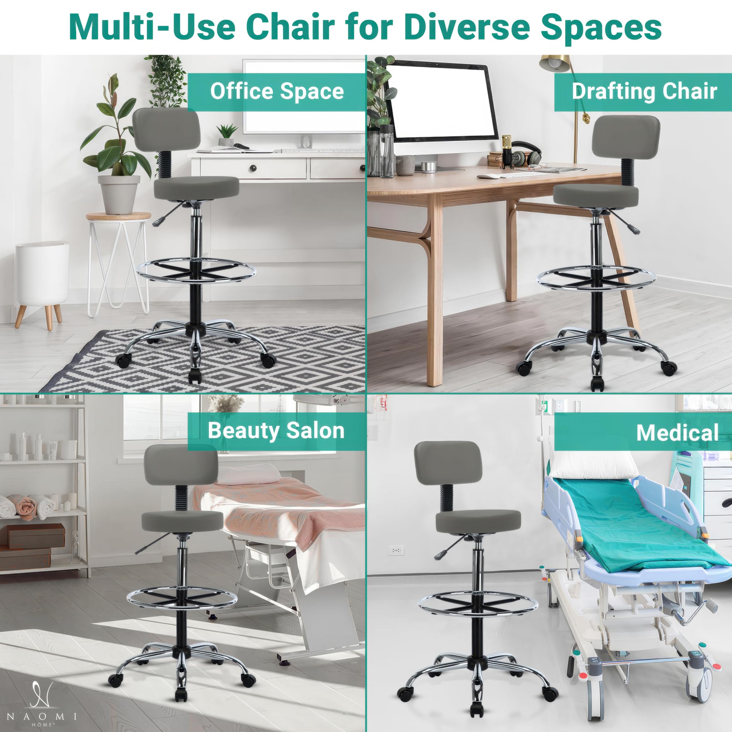 Venus Drafting Stool Chair, Rolling Stools with Wheels, Stools with Backs, Tall Adjustable Office Chair Workbench Stool with Back Support Adjustable Chair Work Stool with Chrome Footrest - Gray