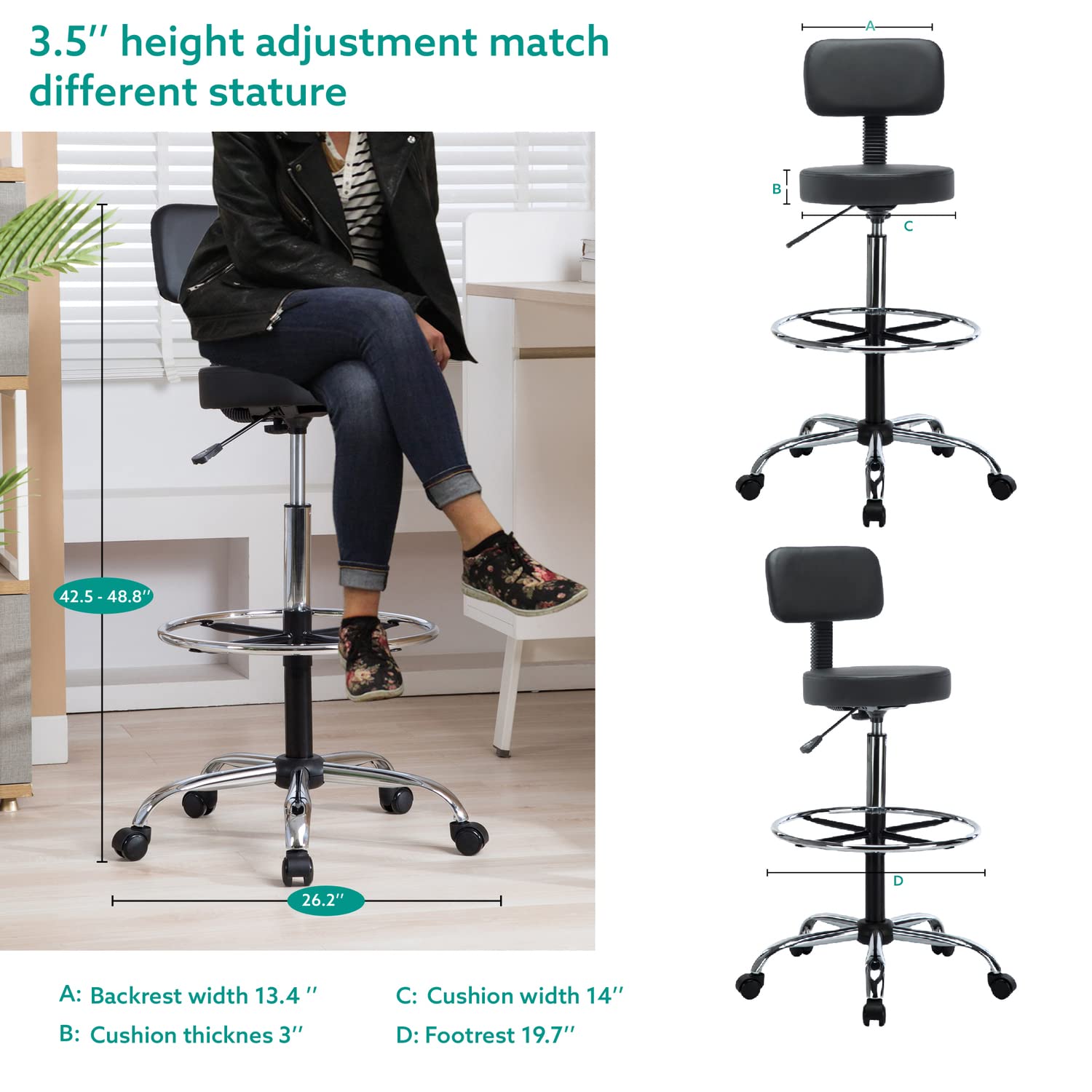 Venus Drafting Stool Chair, Rolling Stools with Wheels, Stools with Backs, Tall Adjustable Office Chair Workbench Stool with Back Support Adjustable Chair Work Stool with Chrome Footrest - Gray