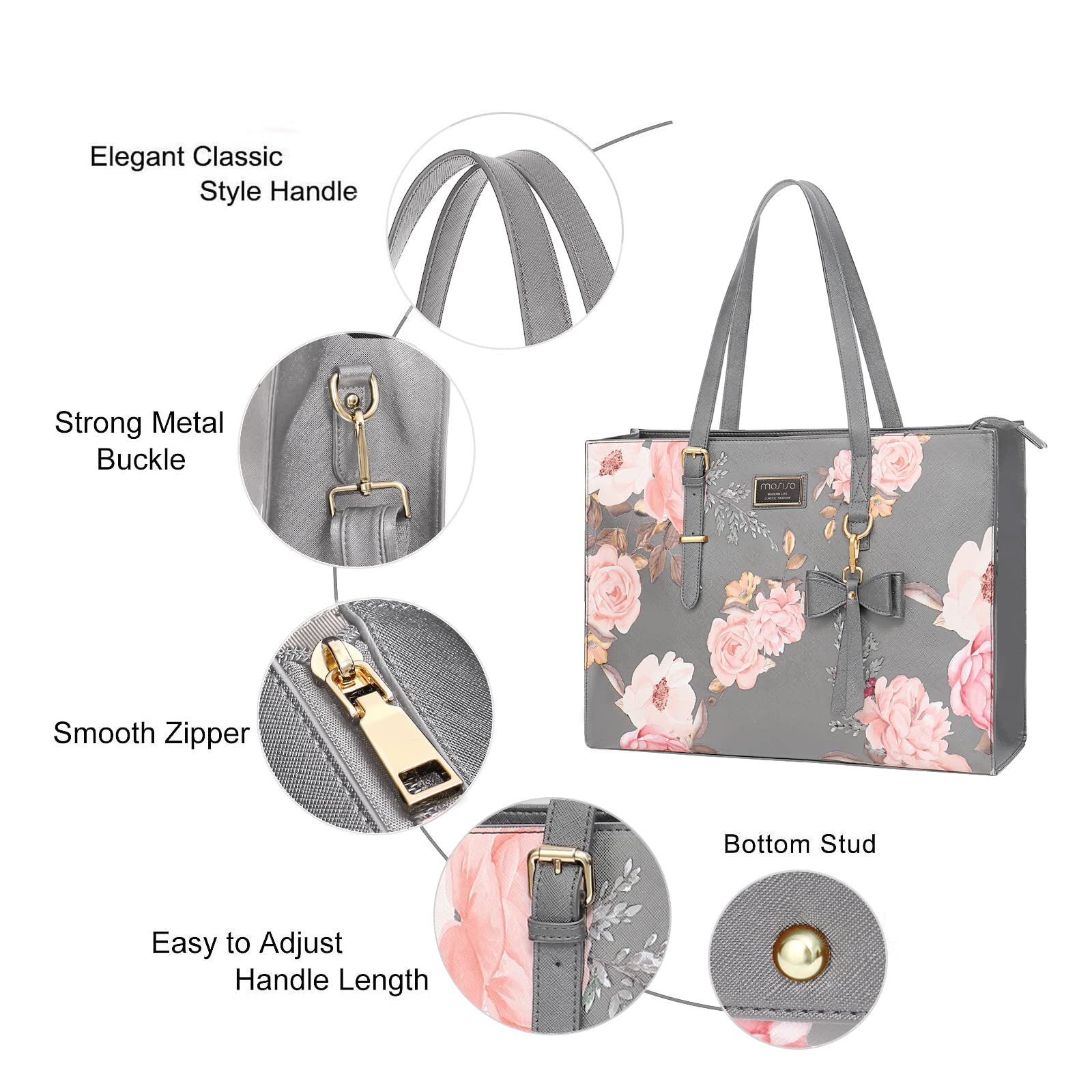 MOSISO Laptop Tote Bag Compatible with MacBook Air 15 inch M2 A2941/Pro 16 M3 M2 M1, 15-15.6 inch Notebook, Peony PU Leather Travel Work Briefcase with Detachable Bowknot & Small Purse, Grey