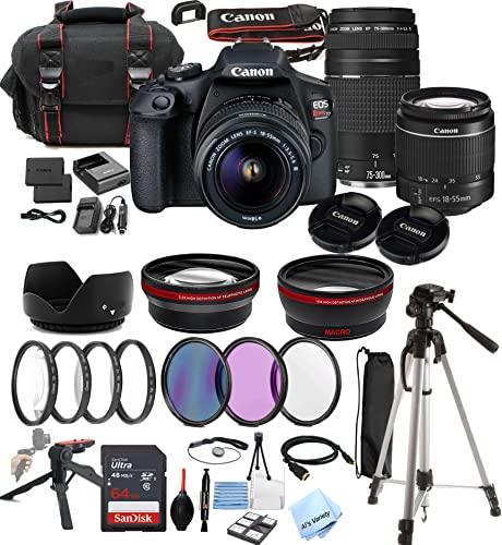 T7 DSLR Camera w/EF-S 18-55mm + 75-300mm Zoom Lenses + Al’s Variety Accessories Includes: 64GB Memory + Wide & Telephoto Threaded Lenses + Case + Tripod +Grip Pod + More (39pc Bundle)