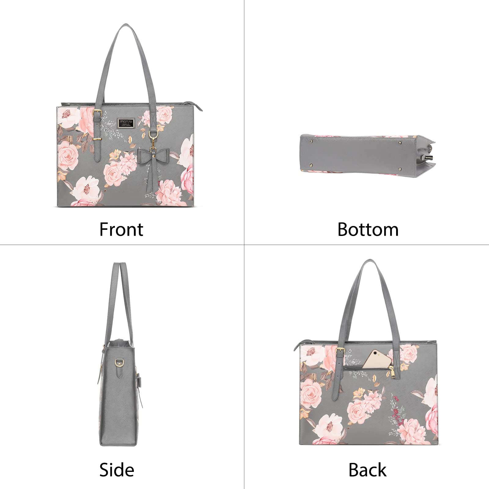 MOSISO Laptop Tote Bag Compatible with MacBook Air 15 inch M2 A2941/Pro 16 M3 M2 M1, 15-15.6 inch Notebook, Peony PU Leather Travel Work Briefcase with Detachable Bowknot & Small Purse, Grey